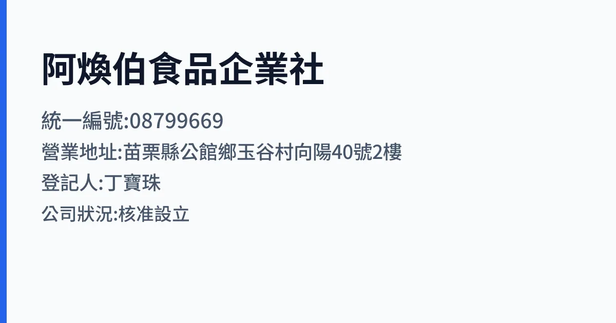 阿煥伯食品企業社 - 統編 08799669(苗栗縣) 公司登記資料與營業項目詳細圖表