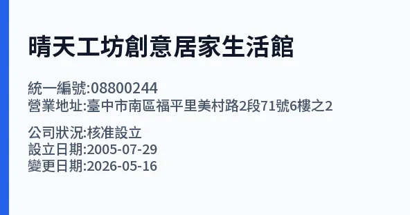 晴天工坊創意居家生活館的照片-統編 08800244(臺中市) 公司登記資料與營業項目詳細圖表