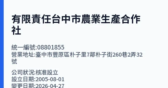有限責任台中市農業生產合作社的照片-統編 08801855(臺中市) 公司登記資料與營業項目詳細圖表