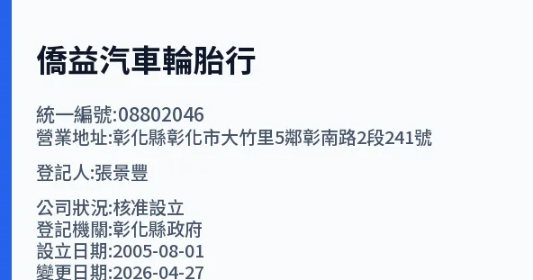 僑益汽車輪胎行的照片-統編 08802046(彰化縣) 公司登記資料與營業項目詳細圖表