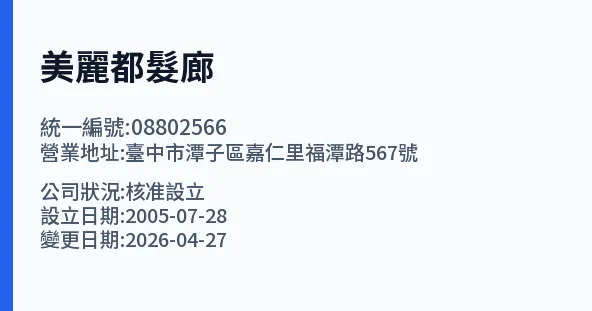 美麗都髮廊的照片-統編 08802566(臺中市) 公司登記資料與營業項目詳細圖表