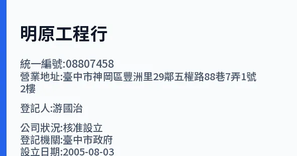 明原工程行的照片-統編 08807458(臺中市) 公司登記資料與營業項目詳細圖表