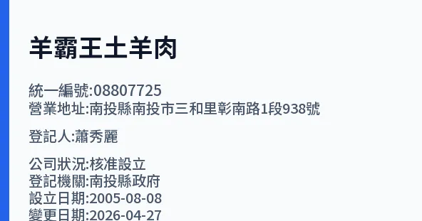 羊霸王土羊肉的照片-統編 08807725(南投縣) 公司登記資料與營業項目詳細圖表