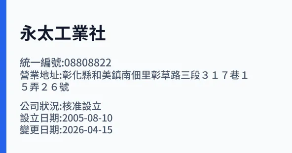 永太工業社的照片-統編 08808822(彰化縣) 公司登記資料與營業項目詳細圖表