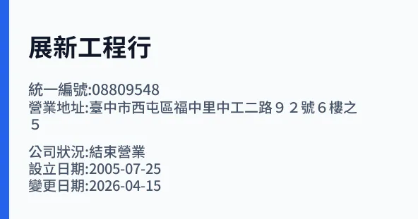 展新工程行的照片-統編 08809548(臺中市) 公司登記資料與營業項目詳細圖表