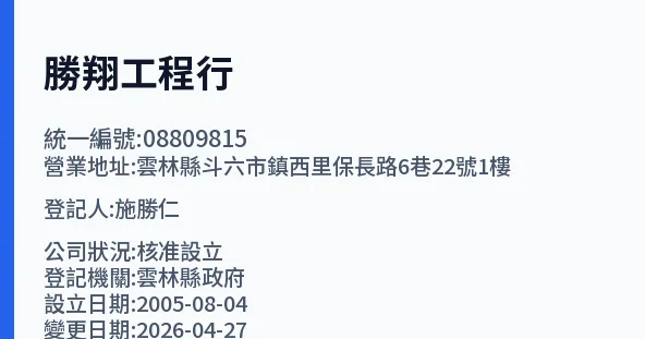 勝翔工程行的照片-統編 08809815(雲林縣) 公司登記資料與營業項目詳細圖表