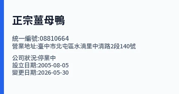 正宗薑母鴨的照片-統編 08810664(臺中市) 公司登記資料與營業項目詳細圖表