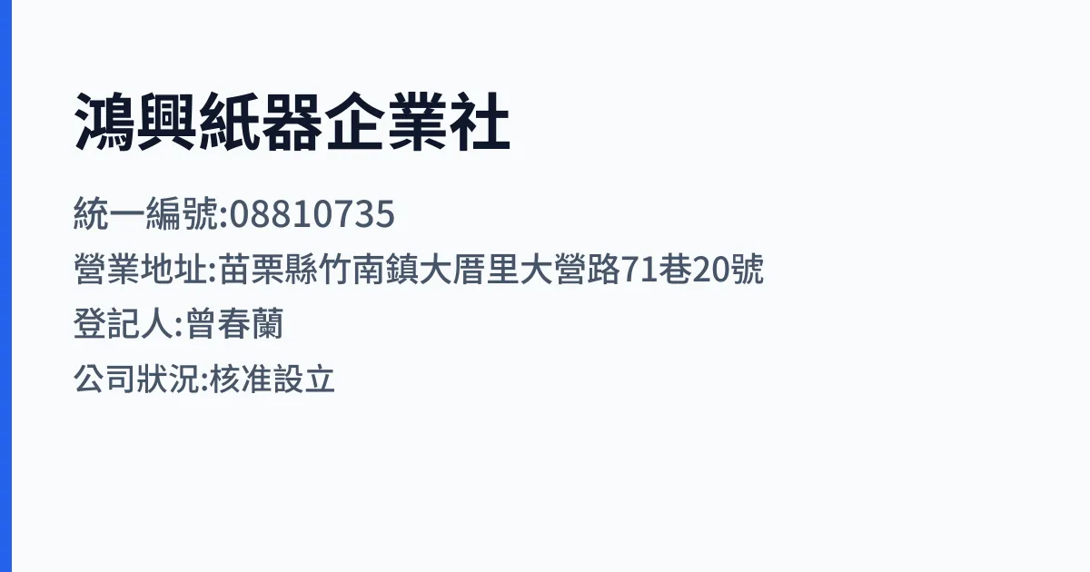 鴻興紙器企業社 - 統編 08810735(苗栗縣) 公司登記資料與營業項目詳細圖表