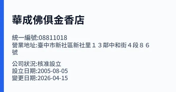 華成佛俱金香店的照片-統編 08811018(臺中市) 公司登記資料與營業項目詳細圖表