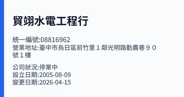 貿翊水電工程行的照片-統編 08816962(臺中市) 公司登記資料與營業項目詳細圖表