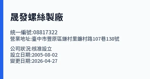 晟發螺絲製廠的照片-統編 08817322(臺中市) 公司登記資料與營業項目詳細圖表