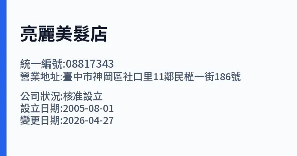 亮麗美髮店的照片-統編 08817343(臺中市) 公司登記資料與營業項目詳細圖表