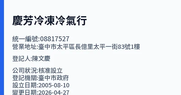 慶芳冷凍冷氣行的照片-統編 08817527(臺中市) 公司登記資料與營業項目詳細圖表