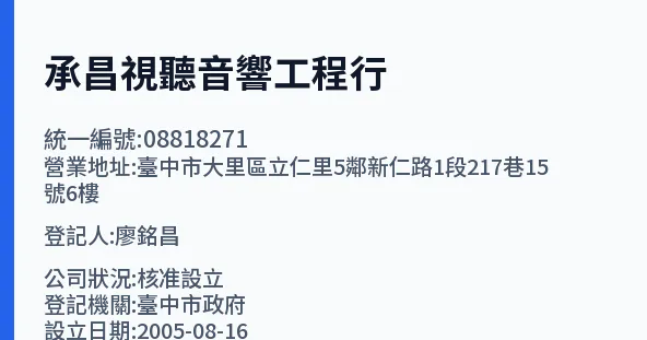 承昌視聽音響工程行的照片-統編 08818271(臺中市) 公司登記資料與營業項目詳細圖表