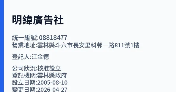 明緯廣告社的照片-統編 08818477(雲林縣) 公司登記資料與營業項目詳細圖表