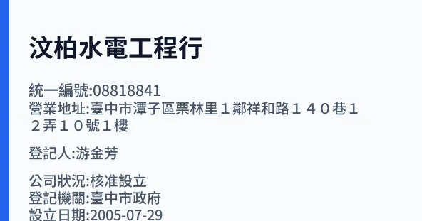 汶柏水電工程行的照片-統編 08818841(臺中市) 公司登記資料與營業項目詳細圖表