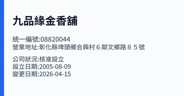 九品緣金香舖的照片-統編 08820044(彰化縣) 公司登記資料與營業項目詳細圖表