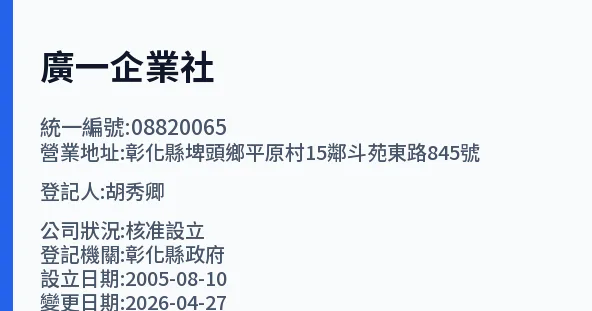 廣一企業社的照片-統編 08820065(彰化縣) 公司登記資料與營業項目詳細圖表