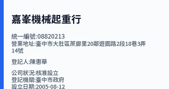 嘉峯機械起重行的照片-統編 08820213(臺中市) 公司登記資料與營業項目詳細圖表