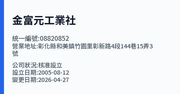 金富元工業社的照片-統編 08820852(彰化縣) 公司登記資料與營業項目詳細圖表