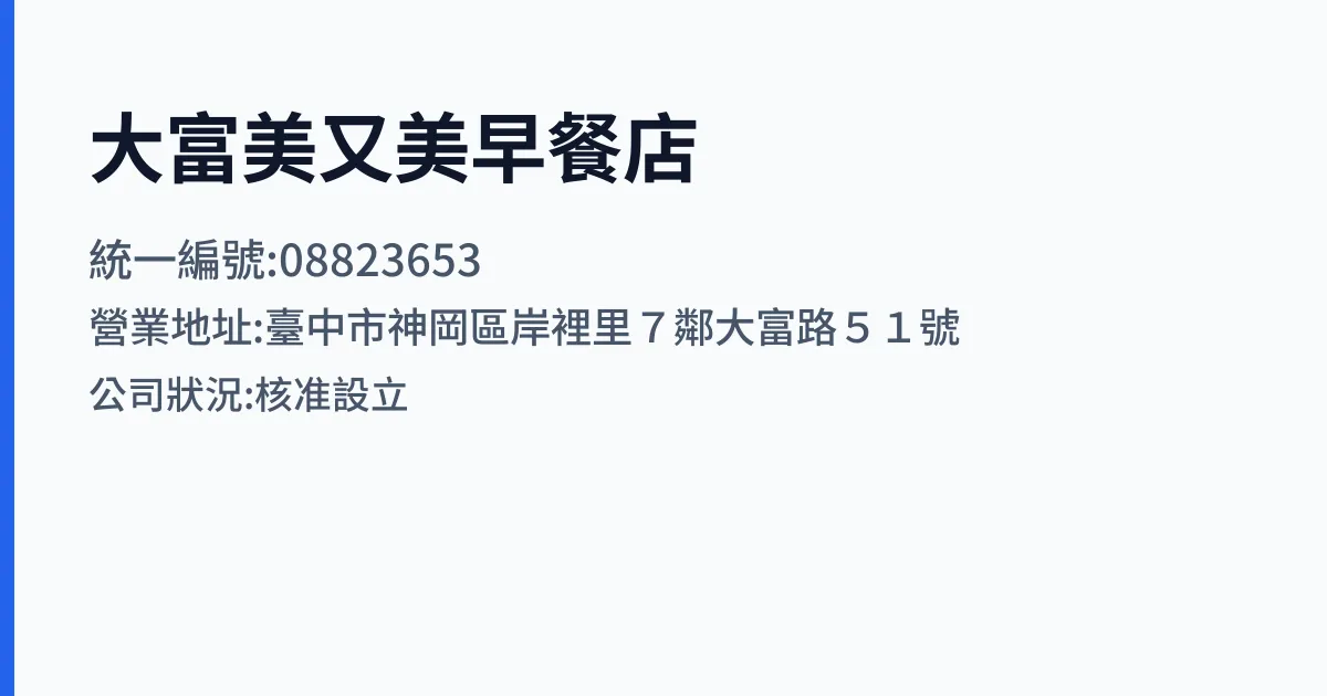 大富美又美早餐店 - 統編 08823653(臺中市) 公司登記資料與營業項目詳細圖表