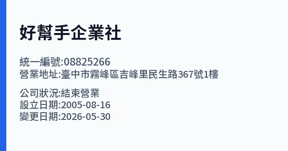 好幫手企業社的照片-統編 08825266(臺中市) 公司登記資料與營業項目詳細圖表