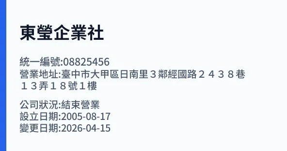東瑩企業社的照片-統編 08825456(臺中市) 公司登記資料與營業項目詳細圖表