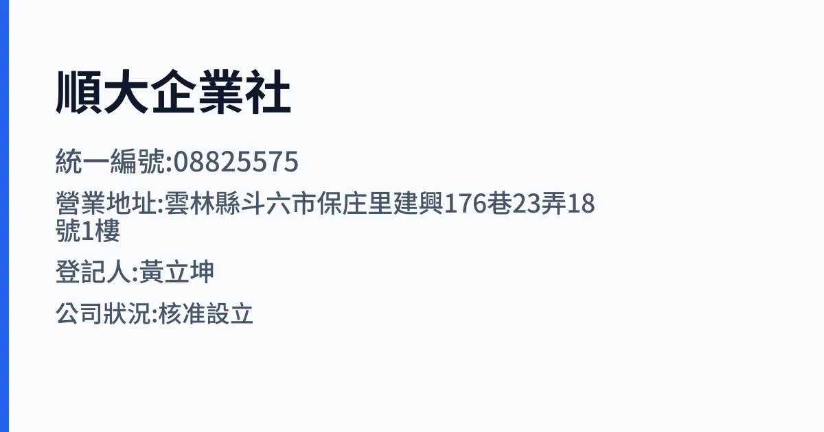 順大企業社 - 統編 08825575(雲林縣) 公司登記資料與營業項目詳細圖表
