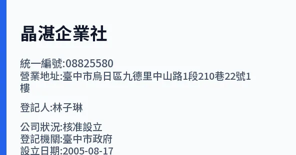 晶湛企業社的照片-統編 08825580(臺中市) 公司登記資料與營業項目詳細圖表