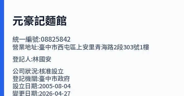 元豪記麵館的照片-統編 08825842(臺中市) 公司登記資料與營業項目詳細圖表