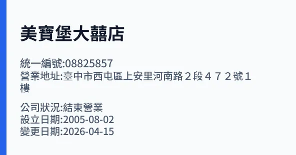 美寶堡大囍店的照片-統編 08825857(臺中市) 公司登記資料與營業項目詳細圖表