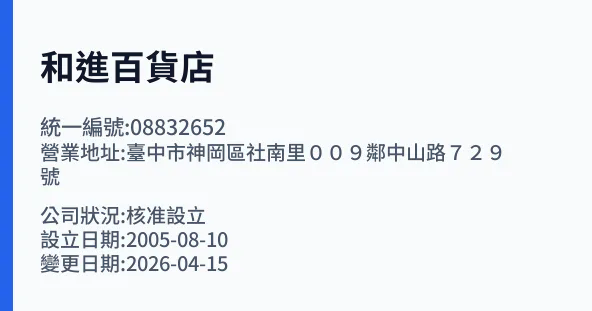 和進百貨店的照片-統編 08832652(臺中市) 公司登記資料與營業項目詳細圖表