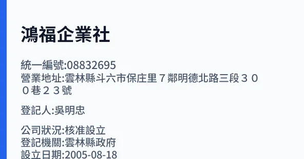 鴻福企業社的照片-統編 08832695(雲林縣) 公司登記資料與營業項目詳細圖表