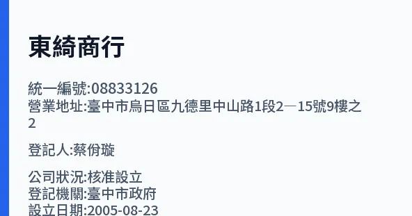 東綺商行的照片-統編 08833126(臺中市) 公司登記資料與營業項目詳細圖表