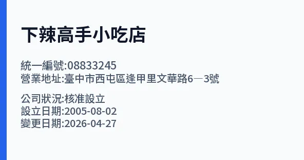 下辣高手小吃店的照片-統編 08833245(臺中市) 公司登記資料與營業項目詳細圖表