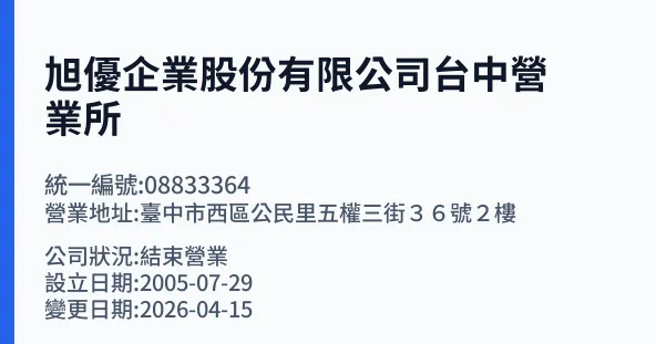 旭優企業股份有限公司台中營業所的照片-統編 08833364(臺中市) 公司登記資料與營業項目詳細圖表