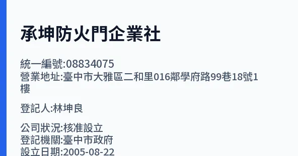 承坤防火門企業社的照片-統編 08834075(臺中市) 公司登記資料與營業項目詳細圖表