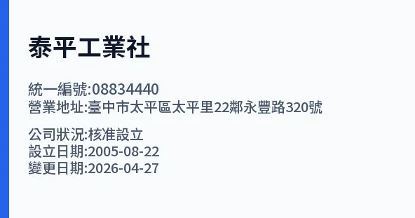 泰平工業社的照片-統編 08834440(臺中市) 公司登記資料與營業項目詳細圖表