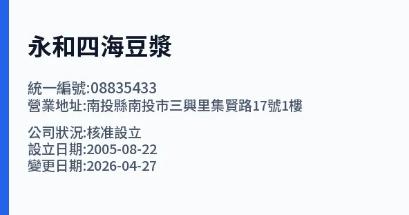 永和四海豆漿的照片-統編 08835433(南投縣) 公司登記資料與營業項目詳細圖表