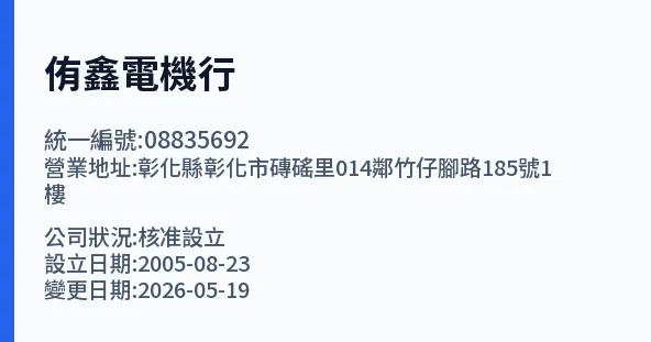 侑鑫電機行的照片-統編 08835692(彰化縣) 公司登記資料與營業項目詳細圖表