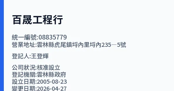 百晟工程行的照片-統編 08835779(雲林縣) 公司登記資料與營業項目詳細圖表