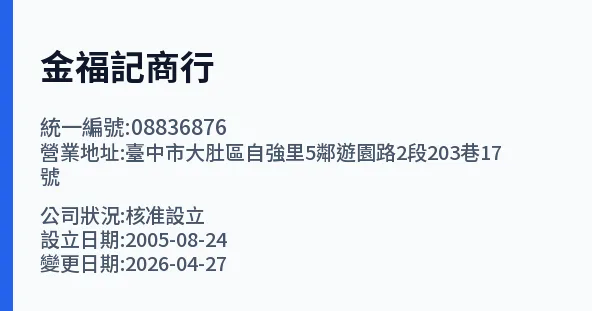 金福記商行的照片-統編 08836876(臺中市) 公司登記資料與營業項目詳細圖表
