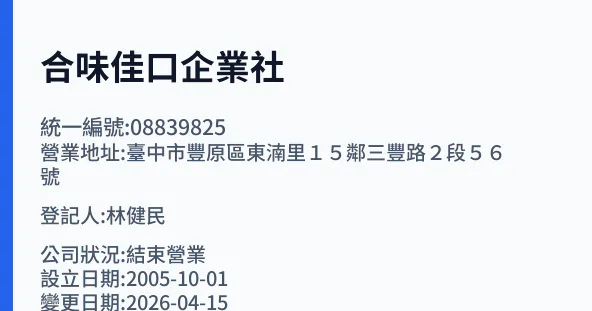 合味佳口企業社的照片-統編 08839825(臺中市) 公司登記資料與營業項目詳細圖表