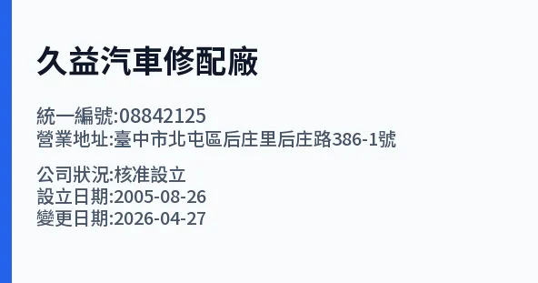久益汽車修配廠的照片-統編 08842125(臺中市) 公司登記資料與營業項目詳細圖表