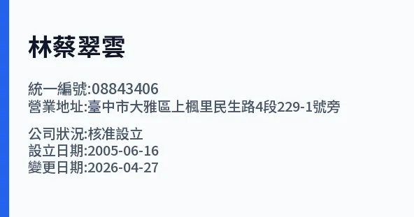 林蔡翠雲的照片-統編 08843406(臺中市) 公司登記資料與營業項目詳細圖表