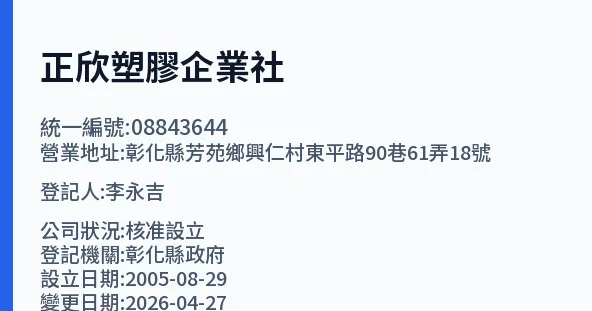 正欣塑膠企業社的照片-統編 08843644(彰化縣) 公司登記資料與營業項目詳細圖表