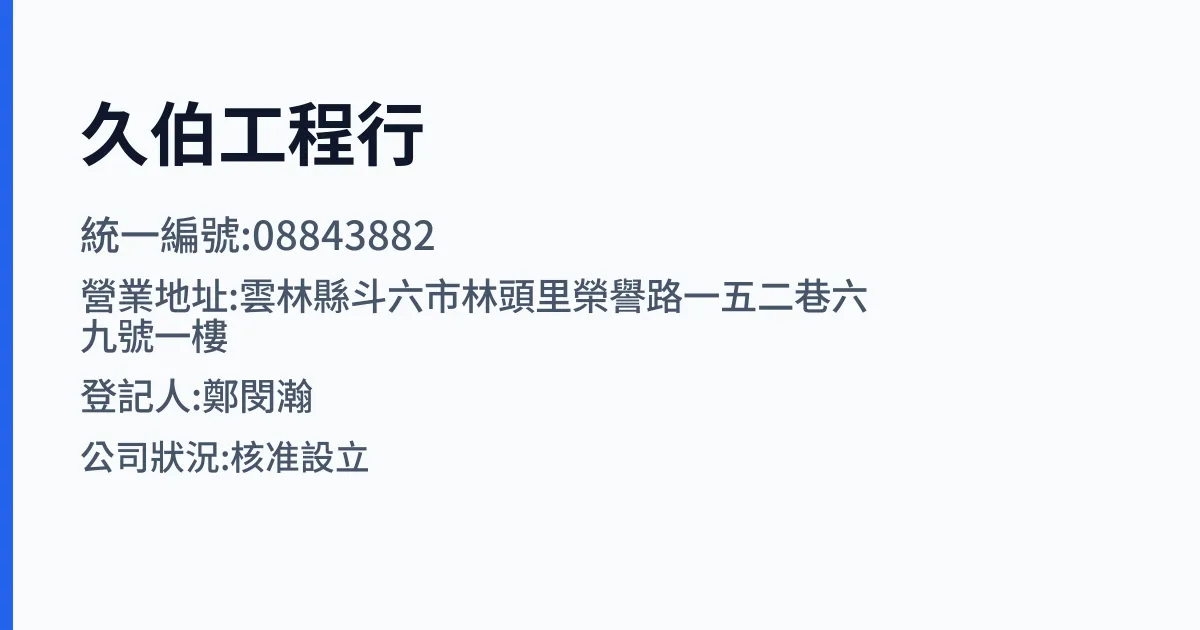 久伯工程行 - 統編 08843882(雲林縣) 公司登記資料與營業項目詳細圖表