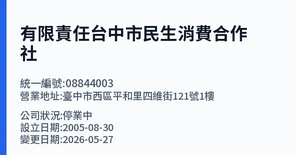 有限責任台中市民生消費合作社的照片-統編 08844003(臺中市) 公司登記資料與營業項目詳細圖表
