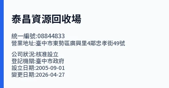 泰昌資源回收場的照片-統編 08844833(臺中市) 公司登記資料與營業項目詳細圖表