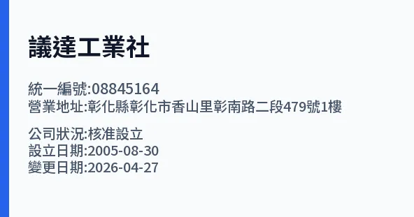 議達工業社的照片-統編 08845164(彰化縣) 公司登記資料與營業項目詳細圖表
